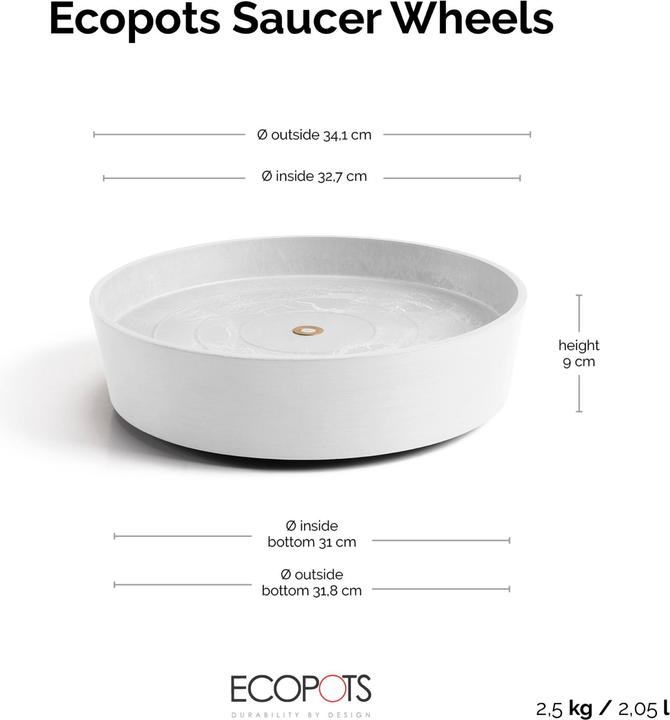 Ecopots Saucer Wheels White Grey - inside bottom Ø 31 cm / outside Ø 34 ...
