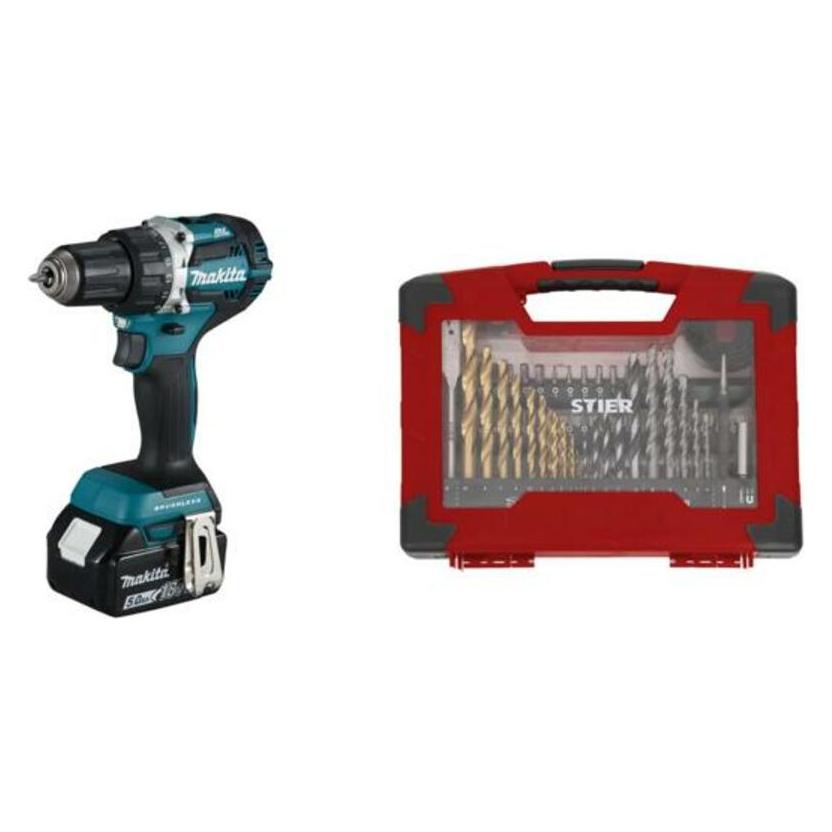 Promat Makita Akku-Bohrschrauber DDF484RTJ 18V / 5Ah mit 100-teiligem ...