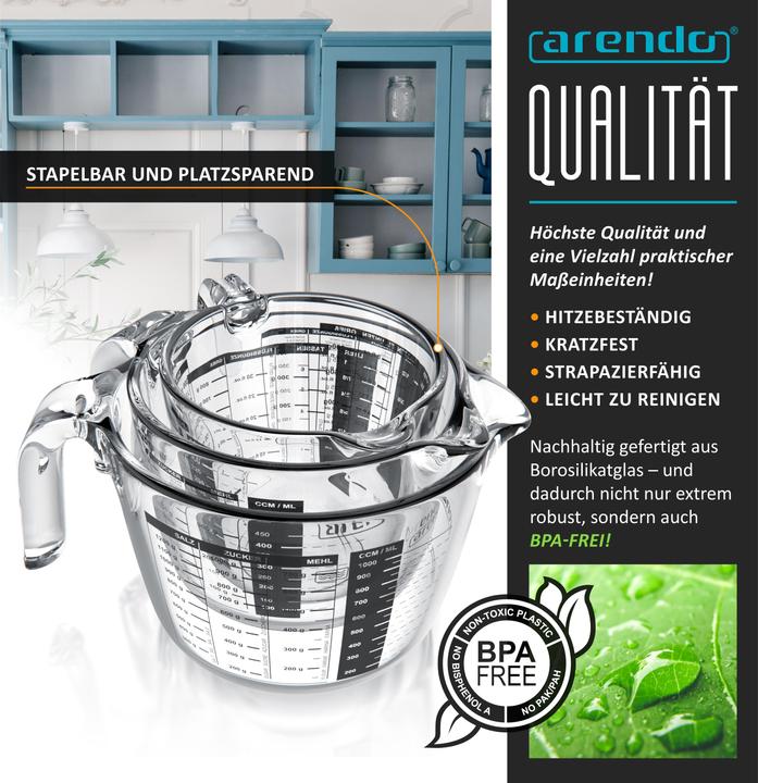 Arendo Messbecher 250 ml, 500 ml & 1000 ml Glas Messkrug 3er Set, Rührbecher, Glas ...