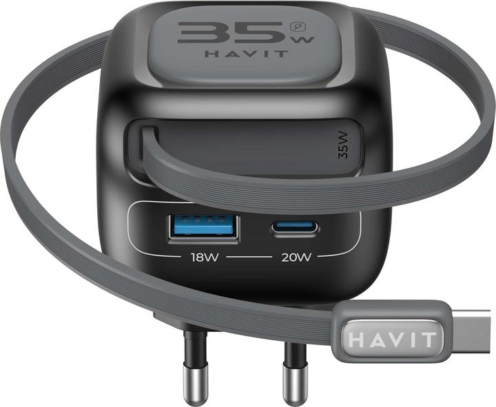 Havit - Wall Charger (UC251 EU) - Type-C Retractable Cable, Type-C, USB, GaN, 35W - Black / Gray ...