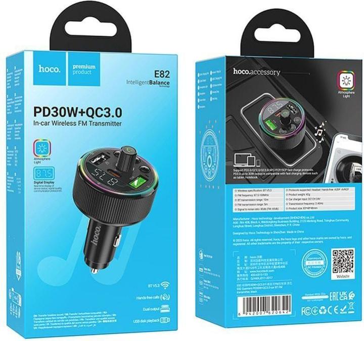 Hoco Wireless headphones car transmitter FM bluetooth 2 x USB A + Type C PD QC3.0 30W E82 black ...