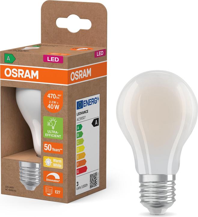 Osram LED Classic A 40 DIM Energy efficiency class A 2.2W 827 Frosted ...