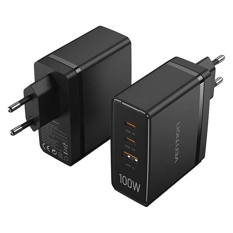 Vention 3-Port USB (C+C+A) GaN Charger (100W/100W/30W) EU-Plug Black