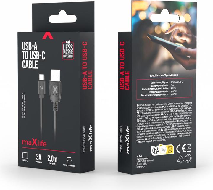 Maxlife cable USB - USB-C 2,0 m 3A black (2 m, USB 2.0)
