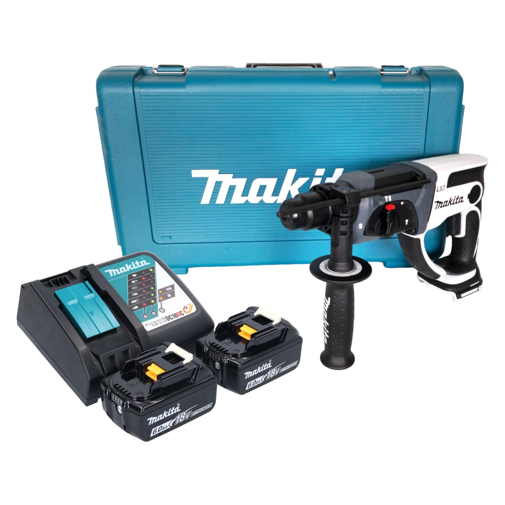 Makita DHR 202 RGW Akku Bohrhammer 18 V 20 mm 2,0 J weiss + 2x Akku 6,0 ...