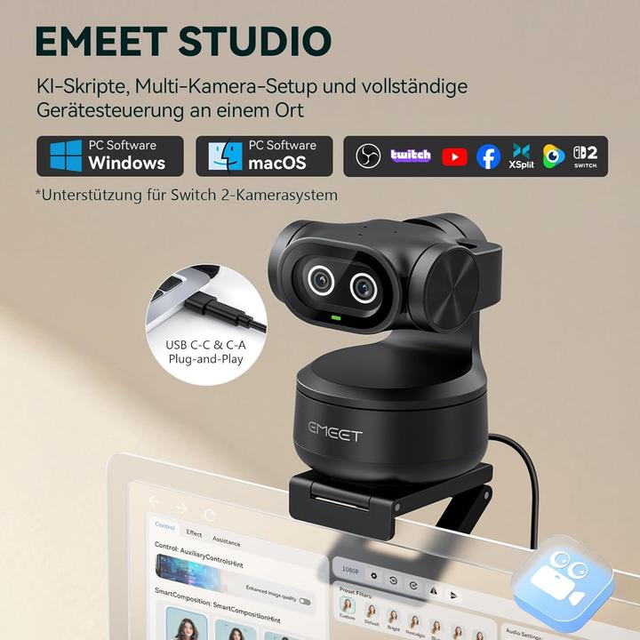 EMeet Pixy Dual-Kamera KI Webcam 4K mit Stativ & AI-Tracking