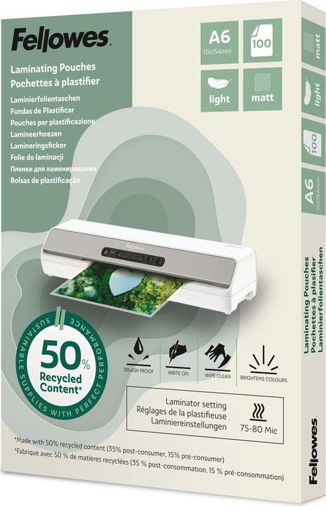 Fellowes Laminierfolien mit 50% recyceltem Anteil matt für A6 75-80 ...