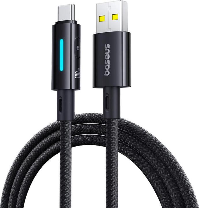 Baseus USB-A to USB-C Cable Lit Button Control, 100W, 5A, 2m, Black ...