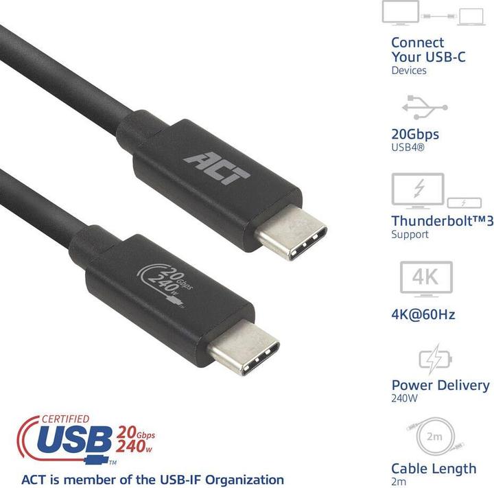 ACT USB4« 20Gbps 240W USB Type-C« Cable, USB-IF certified, 2 meters ...