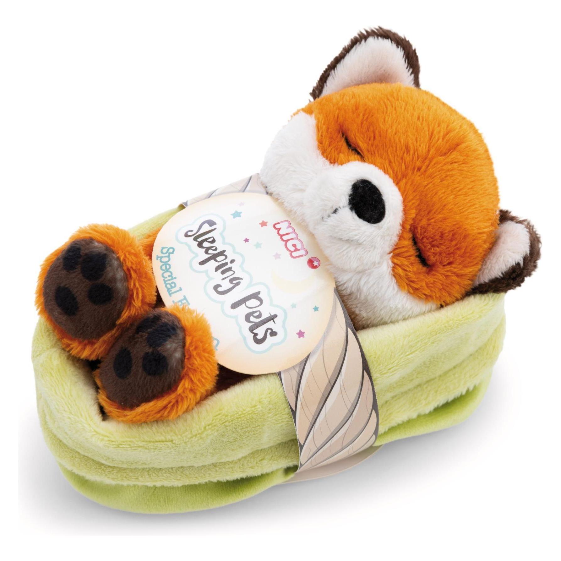 Magni NICI Kuscheltier Fuchs mit Blatt schlafend im Körbchen grün 12cm ...