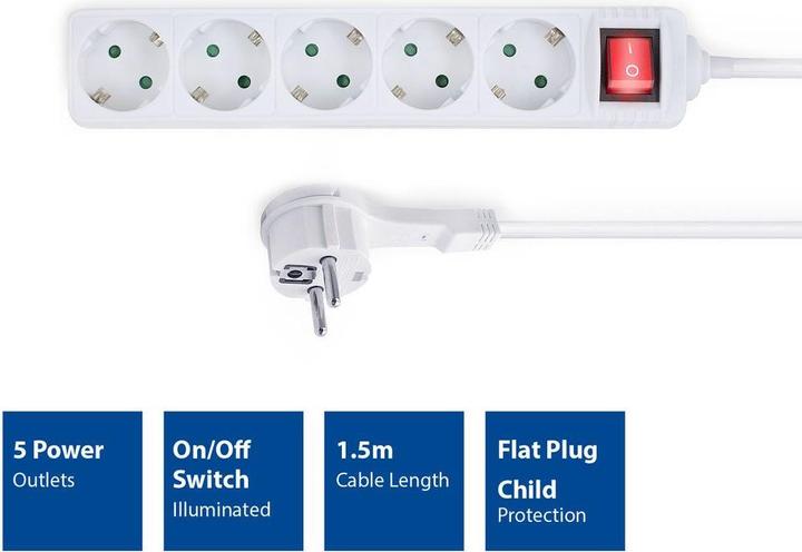 ACT Power strip with illuminated switch and flat plug, 5 sockets, 1.5 m ...