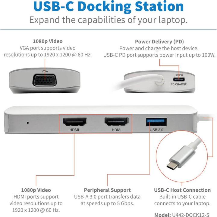 Eaton USB-C Dock Triple Display HDMI VGA USB 3.2 Gen 1 USB-A Hub 100W ...