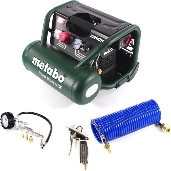 Metabo Power 180-5 W OF Kompressor 8 bar 1,1 kW + Spiralschlauch 7,5 m ...