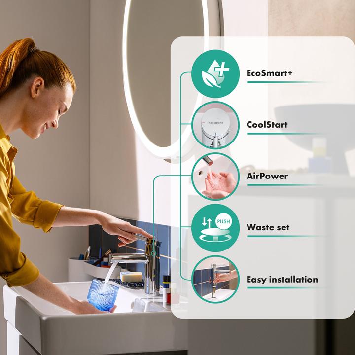 hansgrohe Sink Mixer Tap with Push-Open Waste, Energy-Saving CoolStart ...