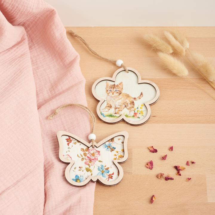 VBS Holz-Anhänger mit Rahmen "Blume und Schmetterling", 2er-Set, je ...