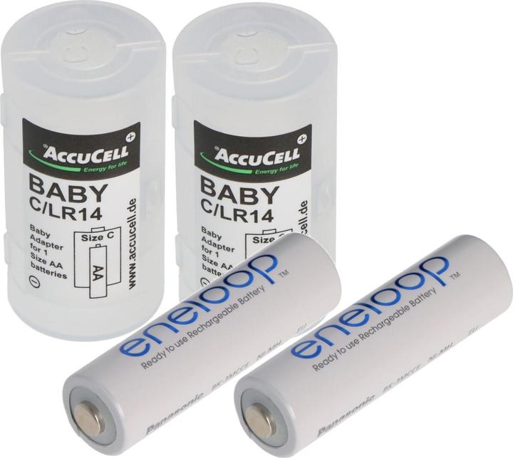 Panasonic 2x Adapter C, Baby, LR14 und eneloop Akku NiMH, Mignon, AA, HR06