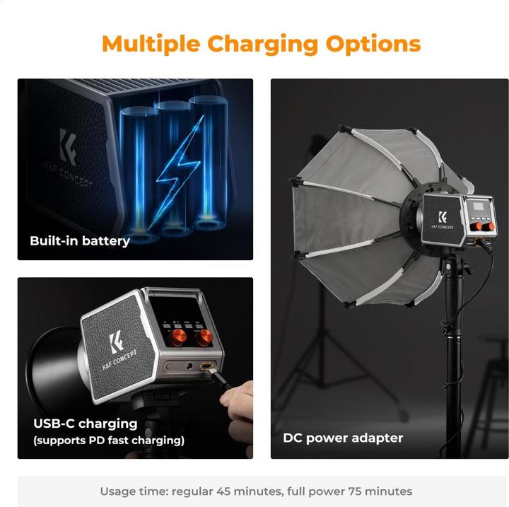 K&F Concept 60W Dual Color Temperature COB Light, Built-in 4500mah battery