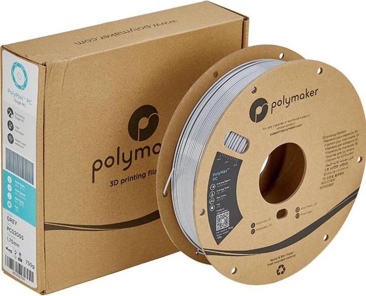 Polymaker PC02005 Filament PC (Polycarbonat) schlagfest, hitzebeständig 1.75mm 750g Grau PolyMax ...
