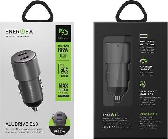 Energea ład. sam. 2xUSB-C PD-PPS 66W stalowy/gunmetal Alu Drive D60 ...