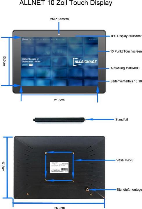 Allnet Touch Display Tablet 12 Zoll PoE mit 8GB/64GB, RK3568 Android 13