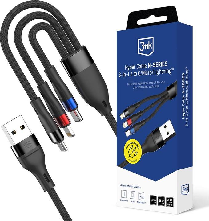 3MK - Data Cable Hyper N-Series 3in1 - USB to Type-C, Lightning, Micro ...