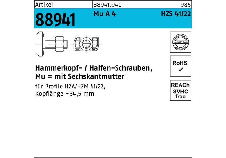 Halfen Hammerkopfschraube R 88941 Typ HZS41/22 6-kantmutter M 16 x 50 ...