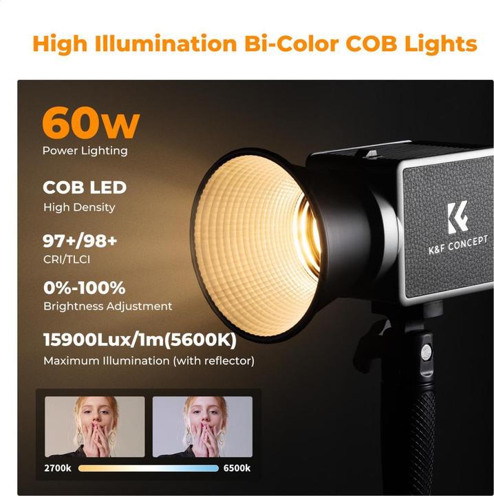 K&F Concept 60W Dual Color Temperature COB Light, Built-in 4500mah battery