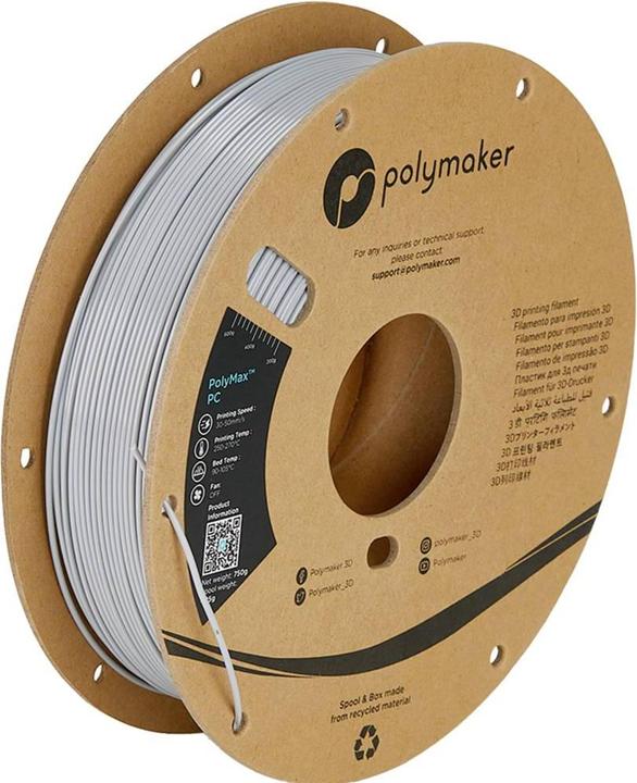 Polymaker PC02005 Filament PC (Polycarbonat) schlagfest, hitzebeständig 1.75mm 750g Grau PolyMax ...