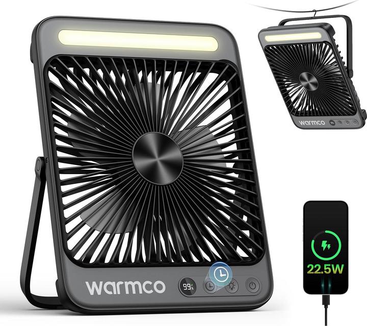 Warmco Ultraflacher Akku-Campingventilator mit Lampe