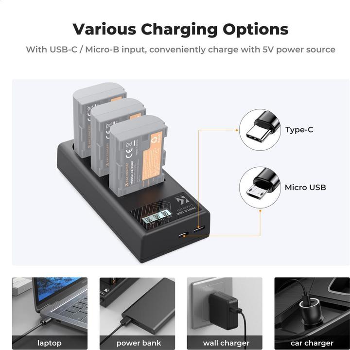 K&F Concept LP-E6NH Digital Camera Three Channel Type-C Charger with ...