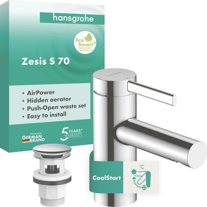 hansgrohe Sink Mixer Tap with Push-Open Waste, Energy-Saving CoolStart ...