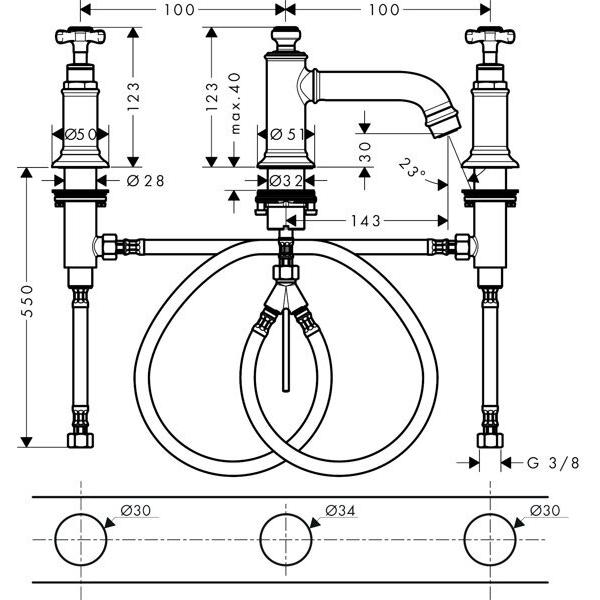 Axor MONTREUX 3-hole basin mixer 30, pop-up waste, 142mm overhang - Galaxus