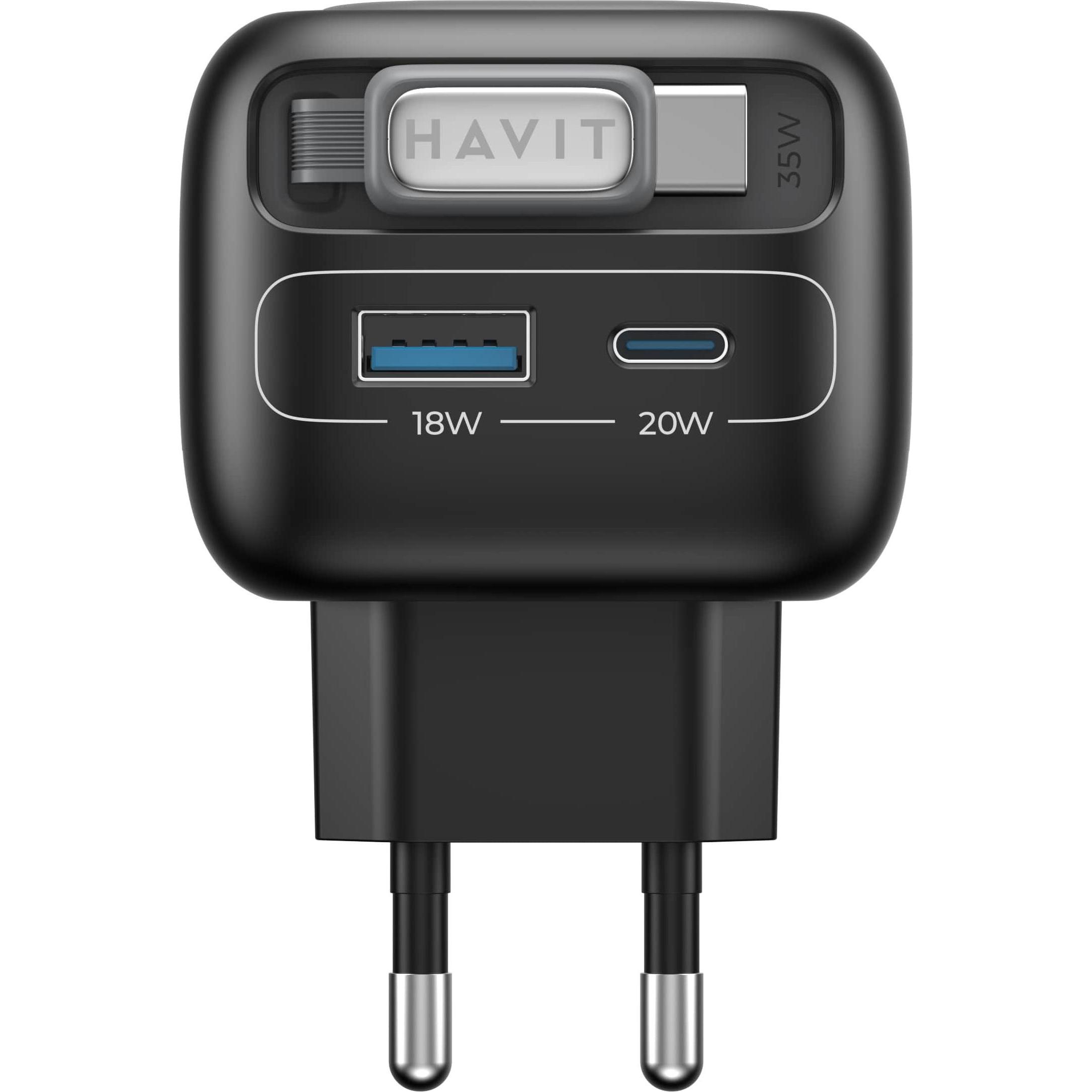 Havit - Wall Charger (UC251 EU) - Type-C Retractable Cable, Type-C, USB, GaN, 35W - Black / Gray ...