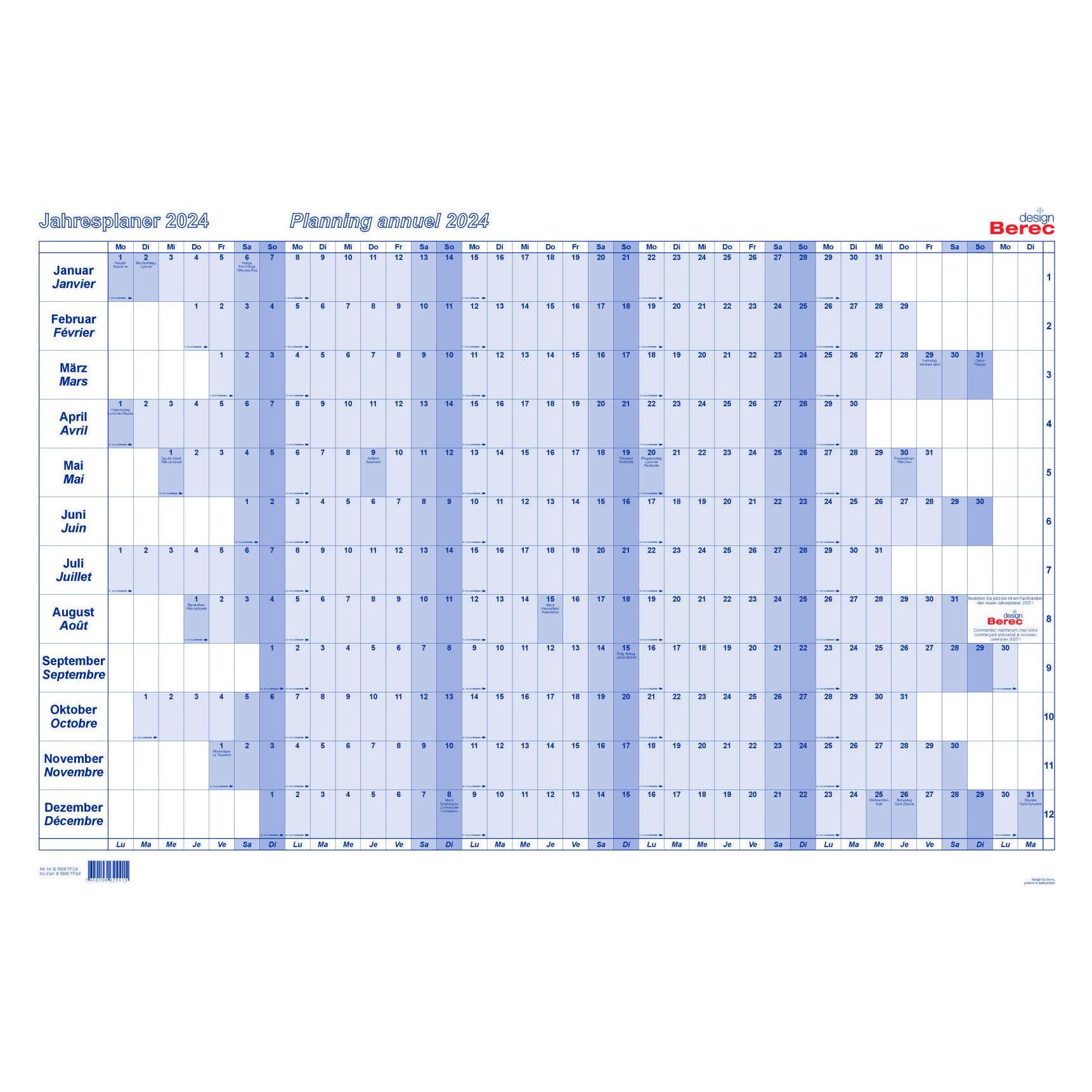 Berec Plan annuel horizontal 90x60cm B5666TF20 2020, bleu - Galaxus