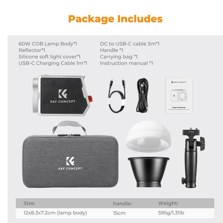 K&F Concept 60W Dual Color Temperature COB Light, Built-in 4500mah battery