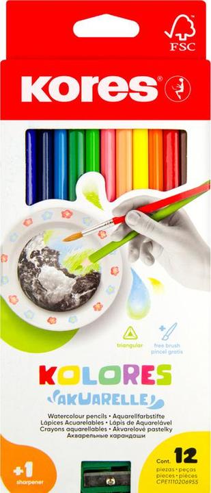Kores Crayons de couleur "Akuarelle", triangulaire, étui de 12 pièces ...