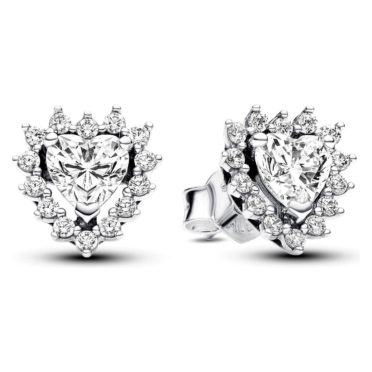 Pandora Heart sterling silver stud earrings with clear cubic zirconia ...
