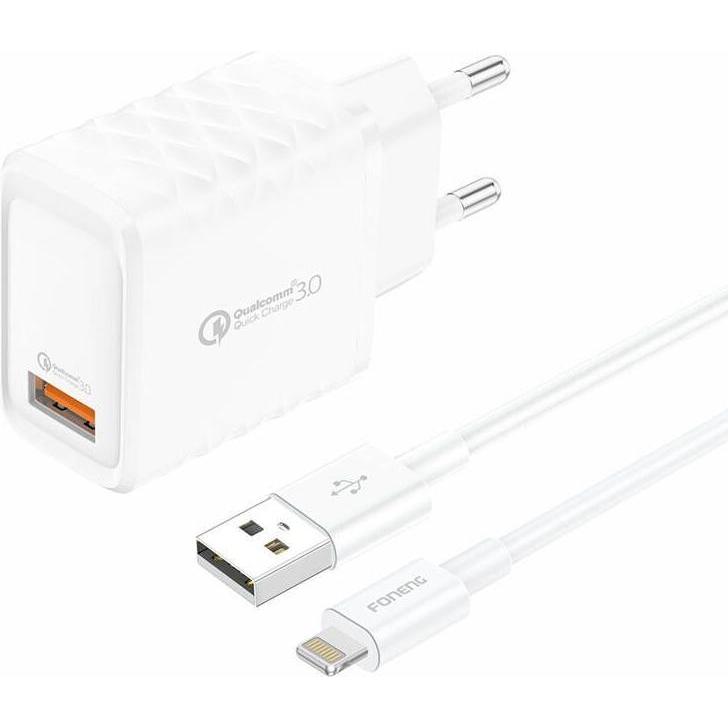 Foneng EU54 USB-A, 3A mains charger (White) + USB-A to Lightning cable