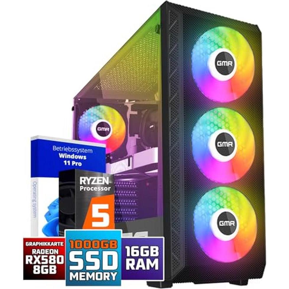 GMR Gaming PC mit Ryzen 5, 16 GB RAM, 1000 GB SSD, RX 580, Windows 11 Pro, WLAN und Bluetooth ...