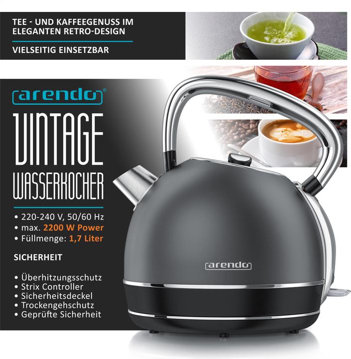 Arendo Kettle 1.7 l, 2200 W, Stainless Steel, Retro Style, Vintage ...