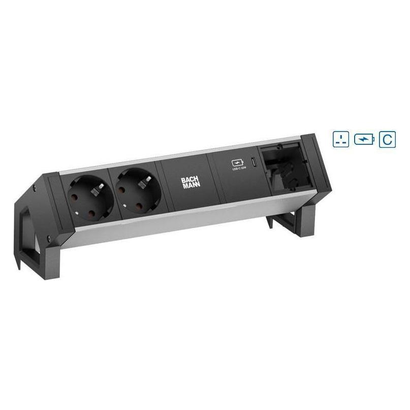 Bachmann DESK2 ALU BLACK 2xUK 1xCM 1xUSBC 60W 0,2m GST18 - Galaxus