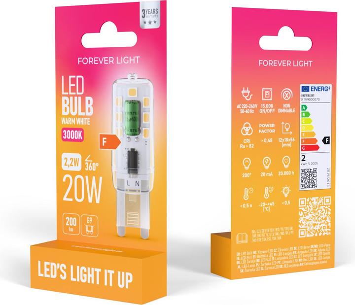 Forever Light LED Bulb G9 2.2W 200lm 3000K class F (G9, 200 lm, 1 x ...