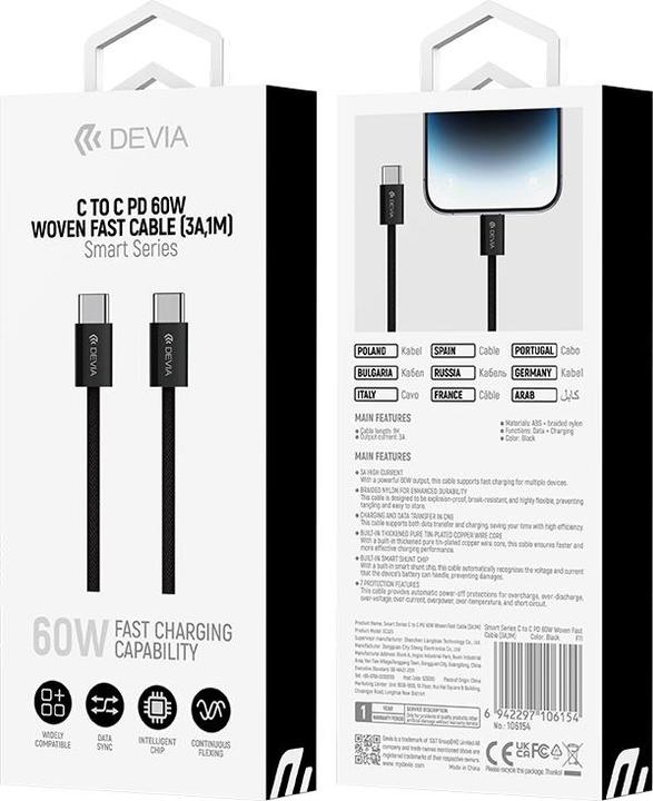 Devia Kabel EC325 Smart PD USB-C - USB-C 1,0 m 60W 3A schwarz - Digitec