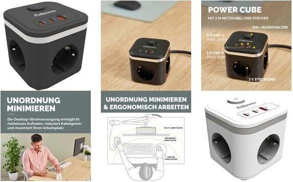 Fellowes Power Cube (3x, CEE 7/3, USB-A, USB-C, 1.50 m)