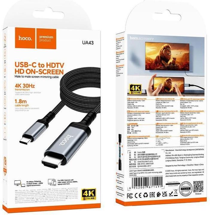 Hoco Cable Screen mirroring cable USB C to HDMI 4K 30Hz 1,8 m UA43 ...