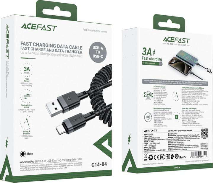 Acefast C14-04 USB-A - USB-C Cable Spring 480Mb/s 3A 1.2m - Black - Digitec